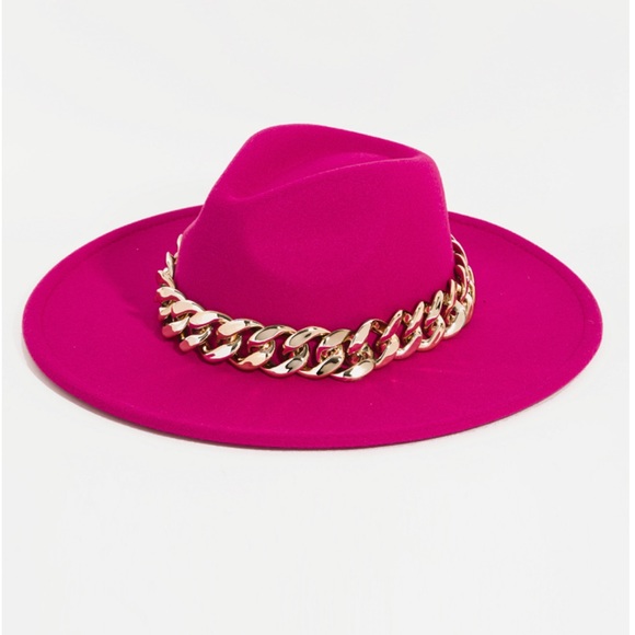 Accessories | Chain Link Fedora Hat Fuchsia Gold New | Poshmark
